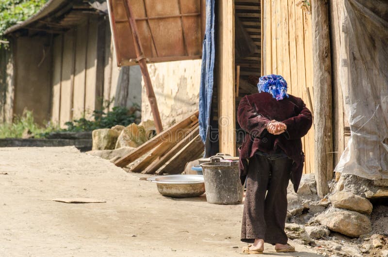 The Back View of the Old Lady in Small Village Stock Photo - Image of ...