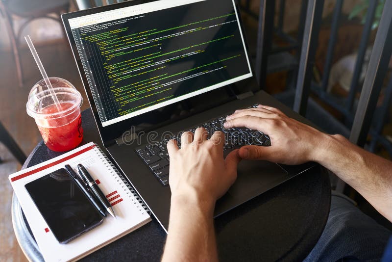 Developer Programmer with Laptop. Program Code and Script Data on ...