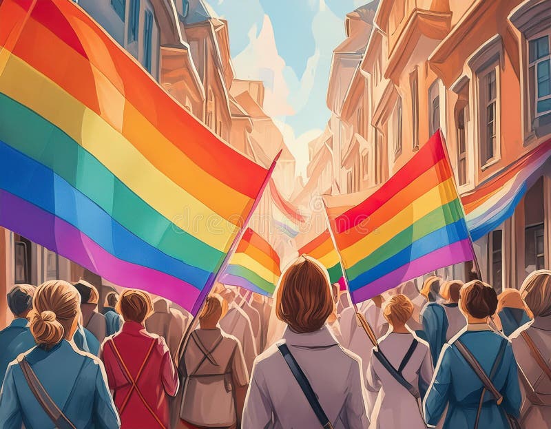 Back View of People with LGBT and Trans Flags Protest on the Street ...