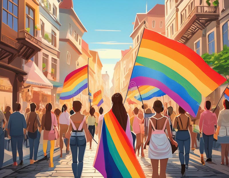 Back View of People with LGBT and Trans Flags Protest on the Street ...