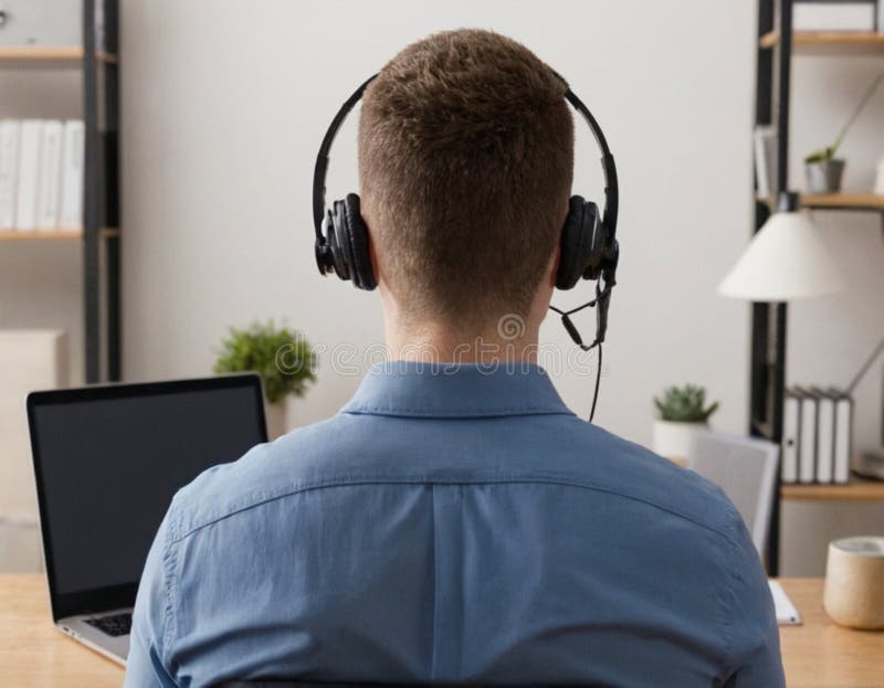 Back View of a Person with a Headset in a Home Office Stock ...