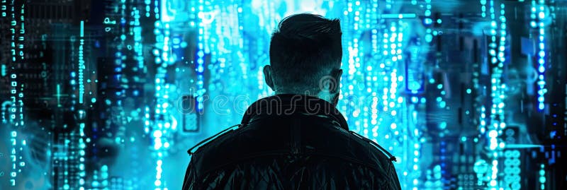 Back View of a Person Standing in Front of a Futuristic Digital ...