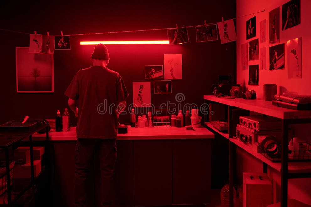 Back View of Photographer Developing Photos in Darkroom Stock Image - Image of nostalgia, print ...