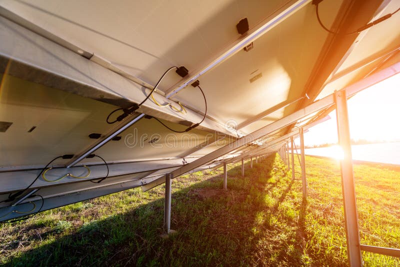 Back View Photovoltaic Solar Panels Sunset Background Stock Photos ...