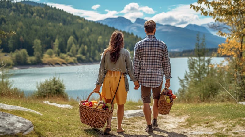 Back View Picture of Young Loving Couple with Basket Generative AI ...