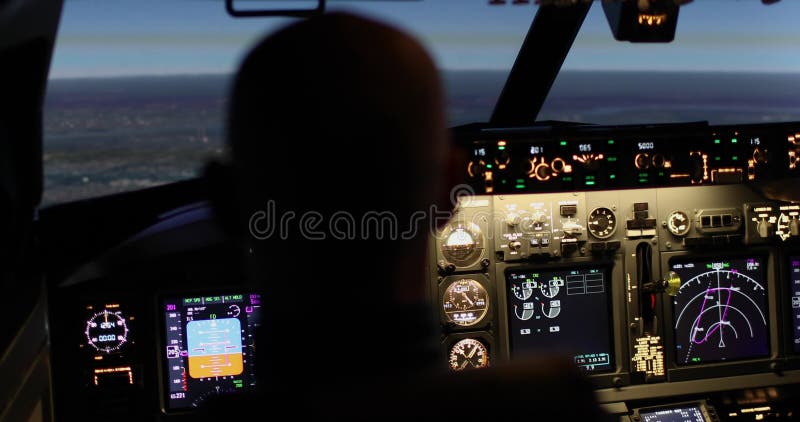 Back View of Pilot Taking Off and Flying an Airplane at Dusk. the Pilot ...