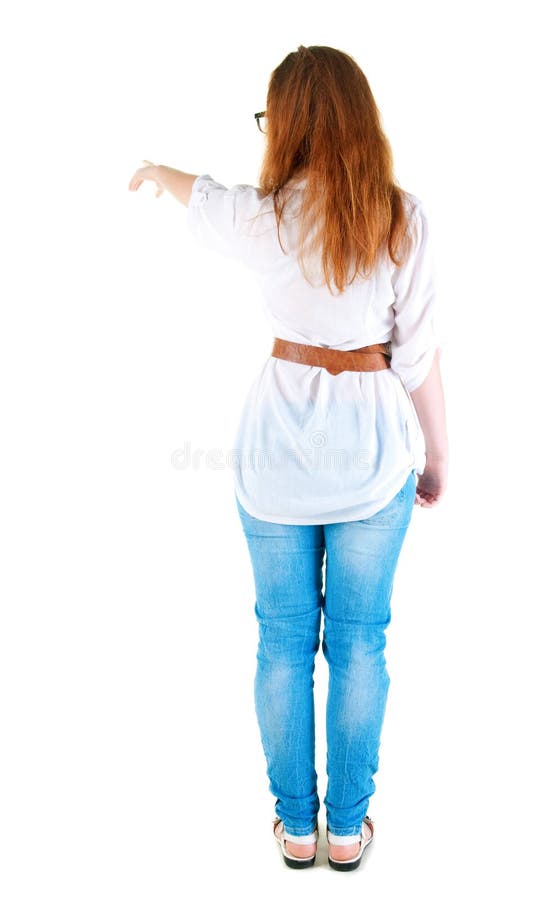 Back View of Pointing Beautiful Redhaired Woman Stock Image - Image of ...