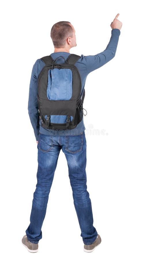 Back View of Pointing Man with Backpack Looking Up. Stock Photo - Image ...