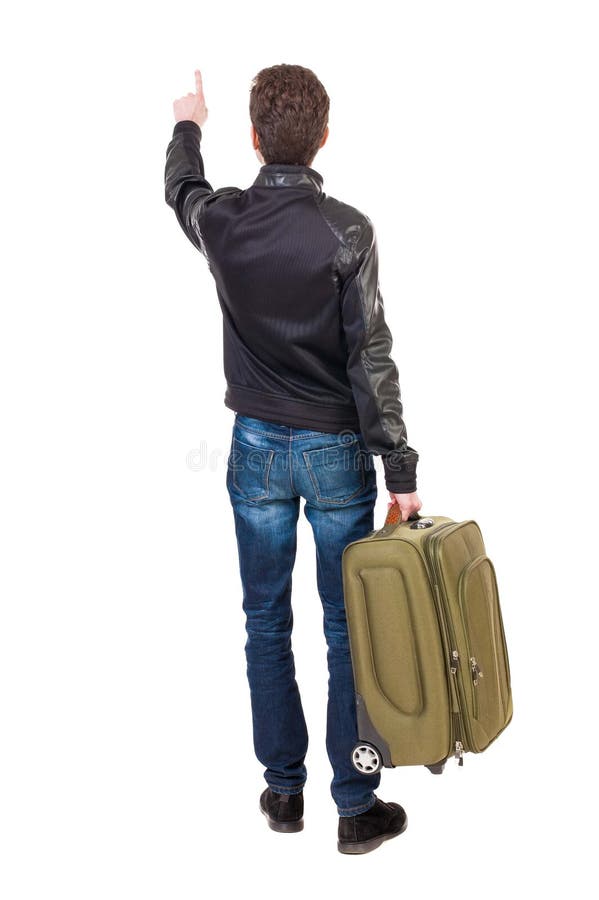 Back View of Pointing Man with Suitcase. Stock Image - Image of case ...