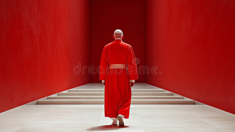 Back View of Pope or Priest Walking Along Red-walled Corridor ...