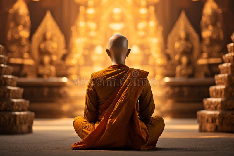Back View of Praying Buddhist Monk in Front of Golden Buddha Statue in ...