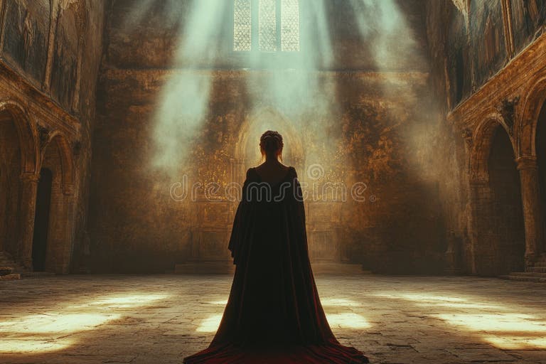 Back View of a Princess Silhouette Standing Alone in Empty Medieval ...