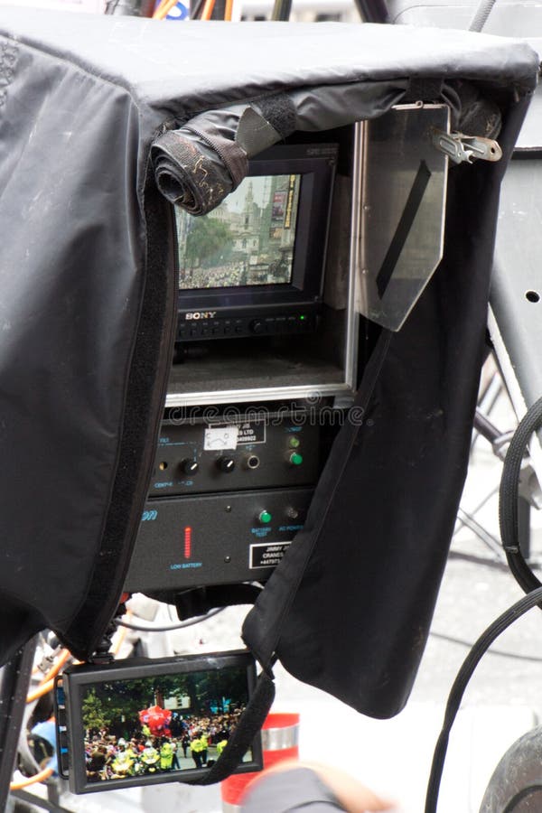 Close Up of a TV Camera from Behind Showing Screens and Monitors ...