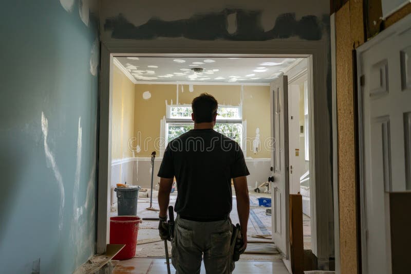 Back View of Professional Interior Renovation Team Working on Home ...