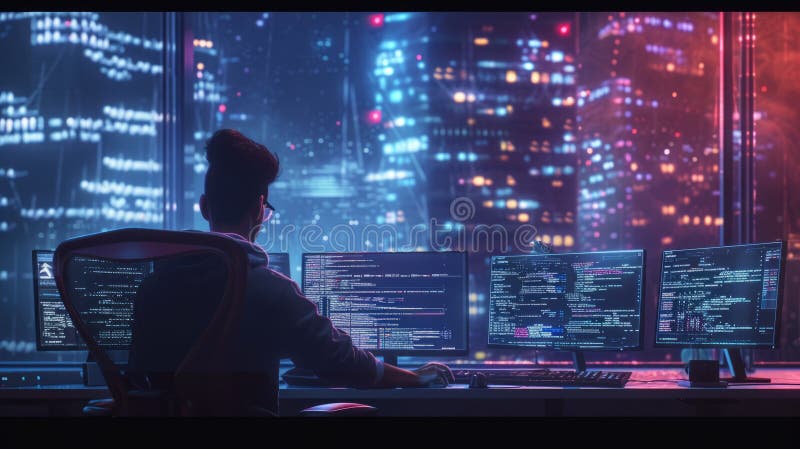 Back View Of Software Developer Coding Program Or Engineering Prompt Aig42 Stock Illustration