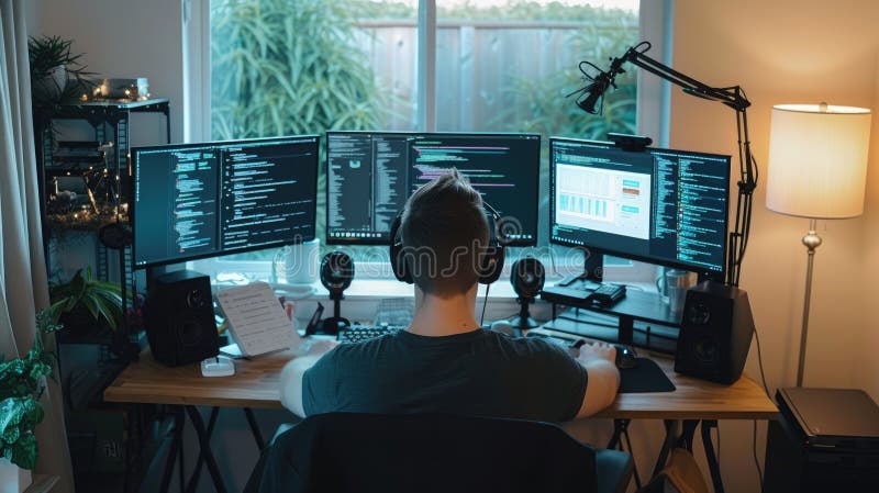 Back View of Software Developer Coding Program or Engineering Prompt. AIG42. Stock Photo - Image ...