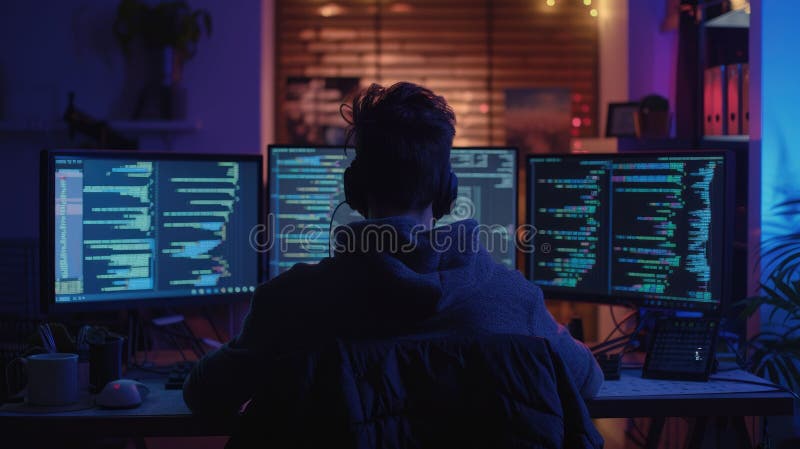 Back View Of Software Developer Coding Program Or Engineering Prompt