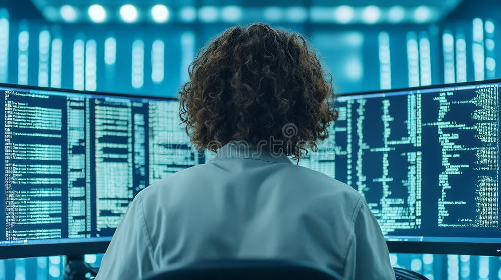 Back View of a Programmer Analyzing Code on Multiple Screens in a Modern Data Center, Surrounded ...