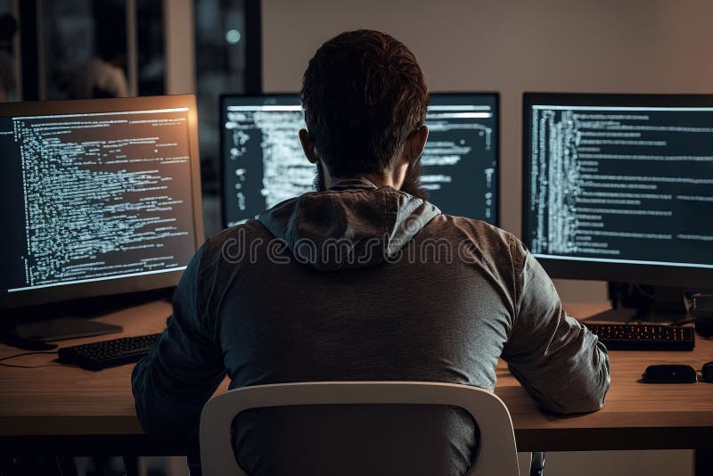 Back View Of Programmer Coding Scripts Late At Night Generative Ai Stock Illustration 3504