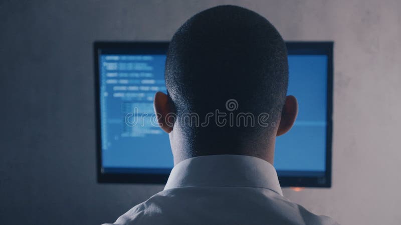Back View of Programmer Professional Programming Code on Computer Monitor at Night Office Stock ...
