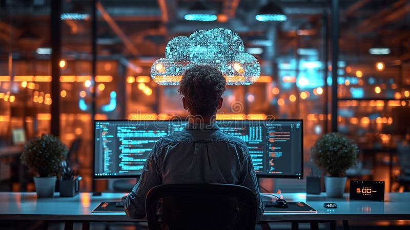Back View of a Programmer Working with a Computer in the Office. AI ...