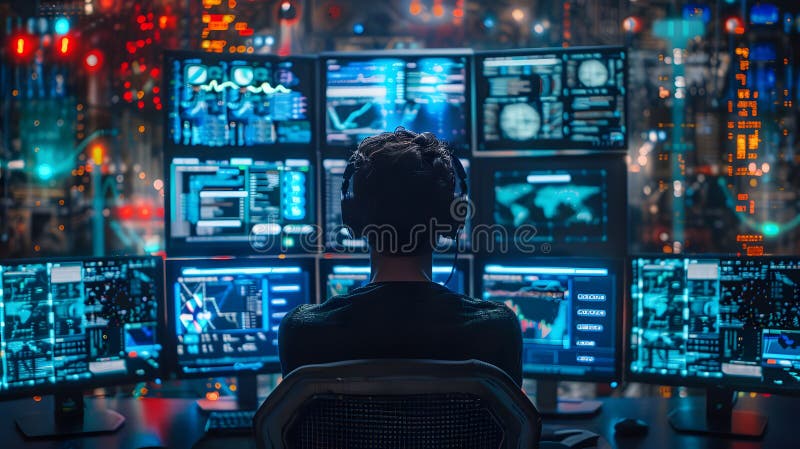 Back View Of A Programmer Working On Dual Monitor Setup In Modern 1087