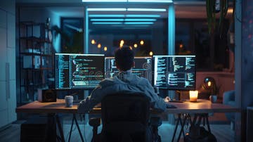 Back View of a Programmer Working on Dual-Monitor Setup in Modern ...