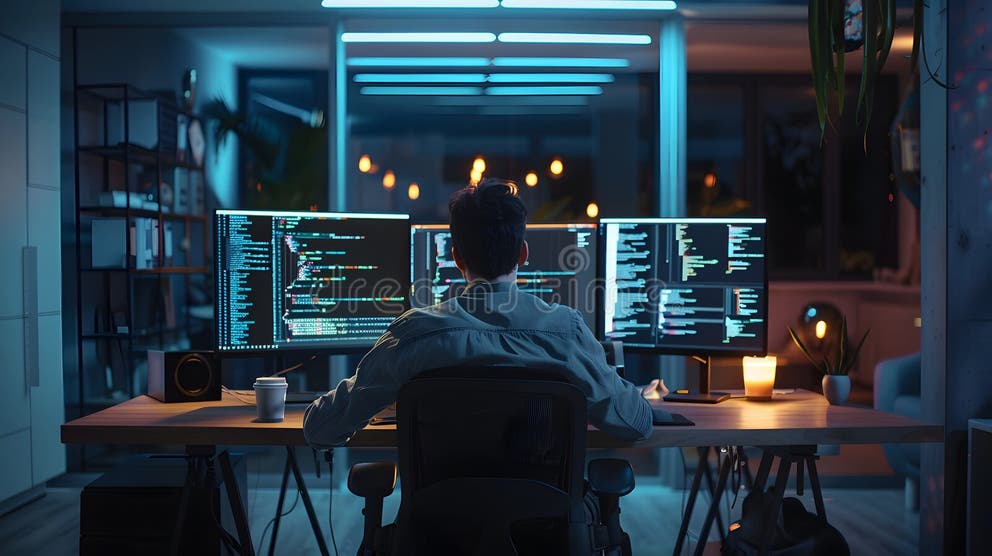 Back View of a Programmer Working on Dual-Monitor Setup in Modern ...