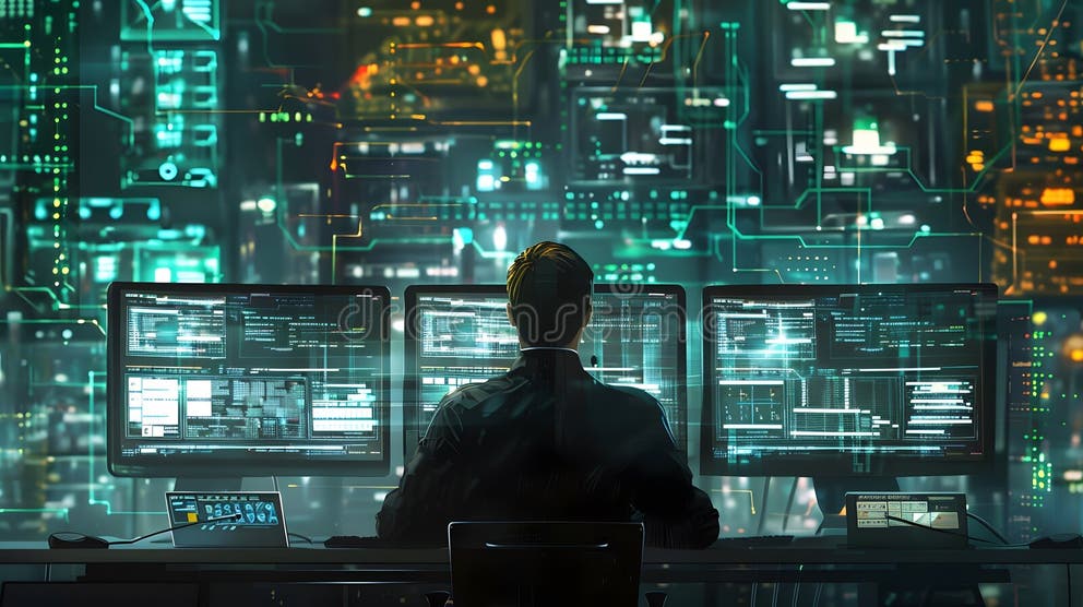 Back View of a Programmer Working on Dual-Monitor Setup in Modern Office. this is AI Generative ...