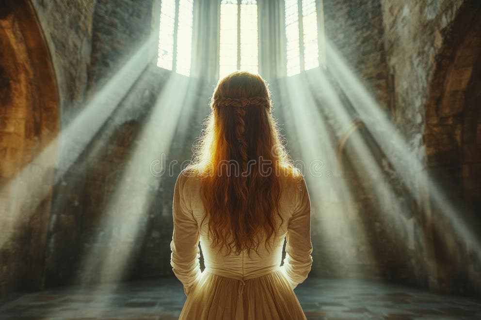 Back View of a Queen Standing Alone in Empty Medieval Castle Stock ...