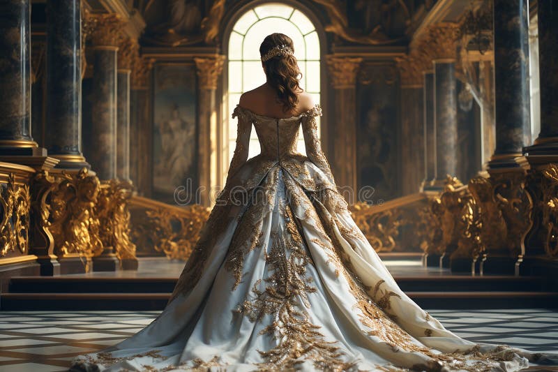 Back View of the Queen Wearing Luxurious Gown Inside the Palace AI ...