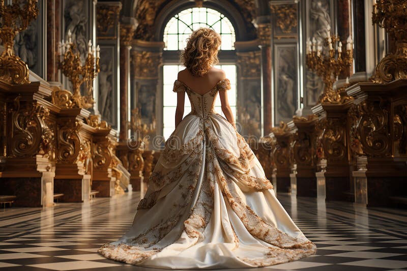 Back View of the Queen Wearing Luxurious Gown Inside the Palace of ...