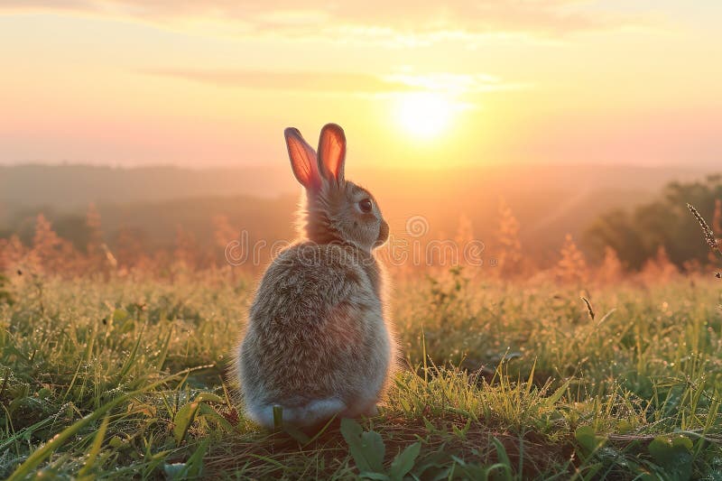Rabbit Watching Sunrise on Dewy Meadow. Generative AI Stock ...