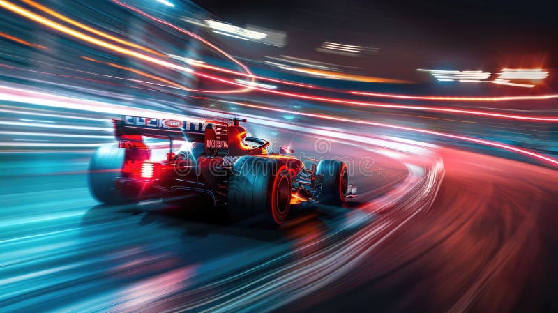 Back View of Racing Car Moving at High Speed Along Racetrack with Speed ...