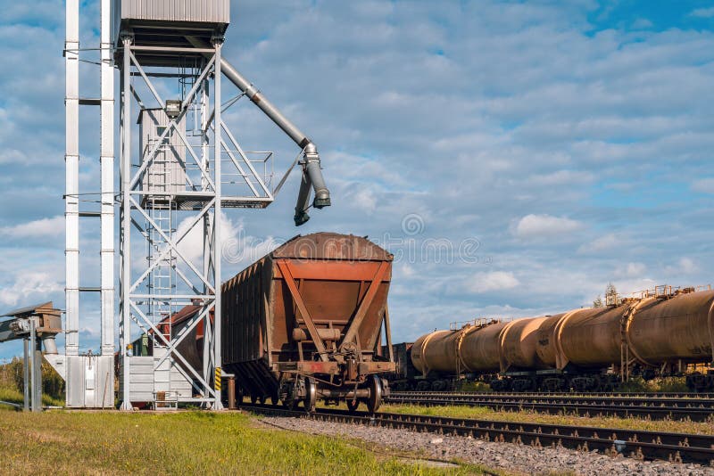 Loading Railway Wagon Standing Near the Elevator in Agriculture Zone ...