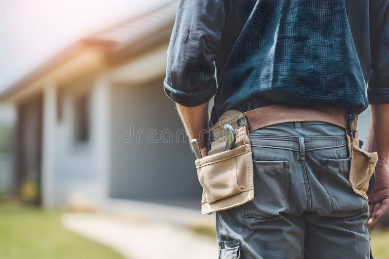 A Back View of a Repair Man Standing in Front of a House on a Bright ...