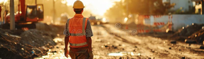 Back View of Road Construction Worker in Reflective Vest and Helmet at ...
