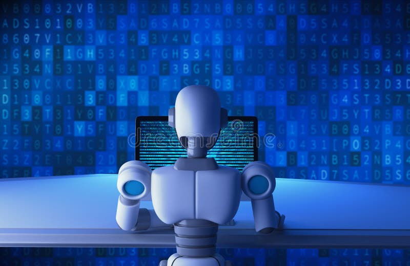 Back View of Robot Using a Computer with Binary Data Number Code Stock ...