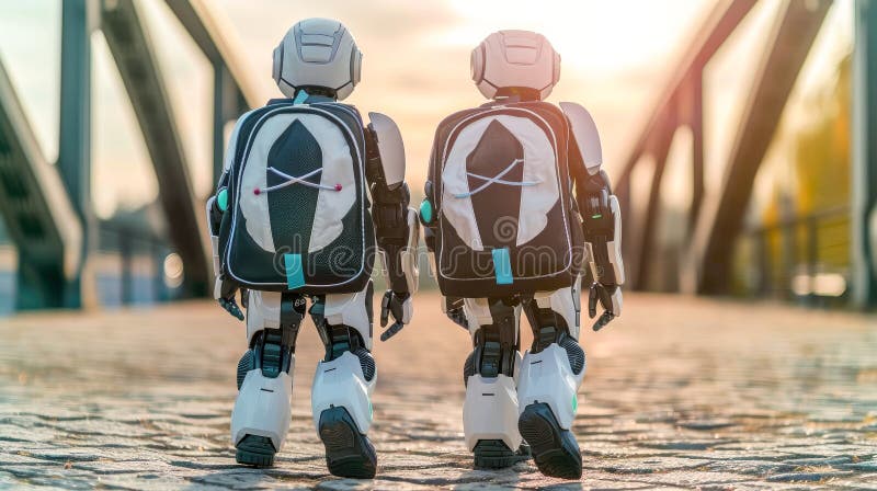 Back View of Robots Going To School Stock Illustration - Illustration ...