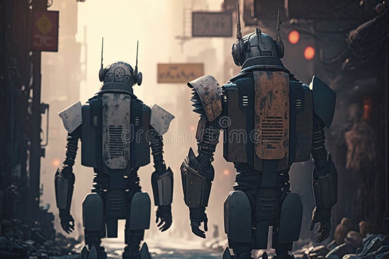 The Back View of Robots Navigating the Streets of a Deserted ...