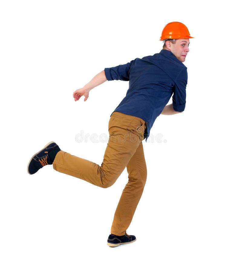Running Engineer in Helmet. Walking Guy in Motion. Businessman in Hat ...