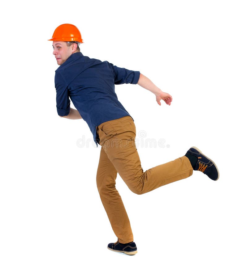 Running Engineer in Helmet. Walking Guy in Motion. Businessman in Hat ...