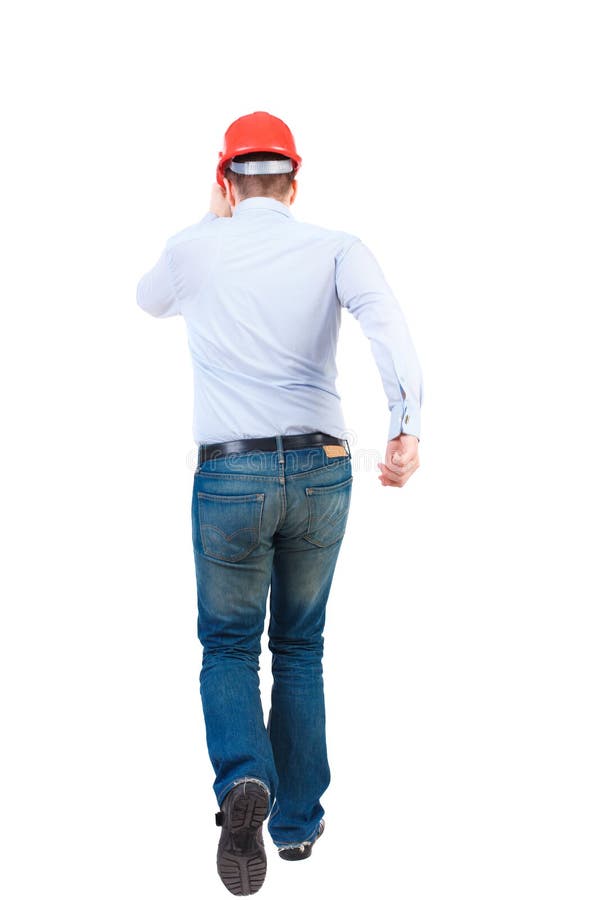 Back View of Running Engineer in Helmet. Stock Image - Image of ...