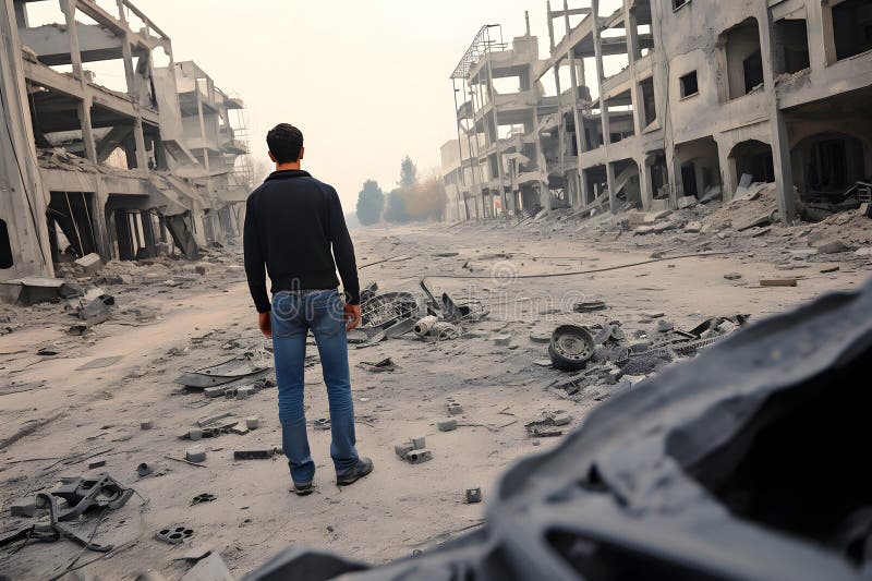 Back View of a Sad Man in Destroyed City during War Stock Illustration ...