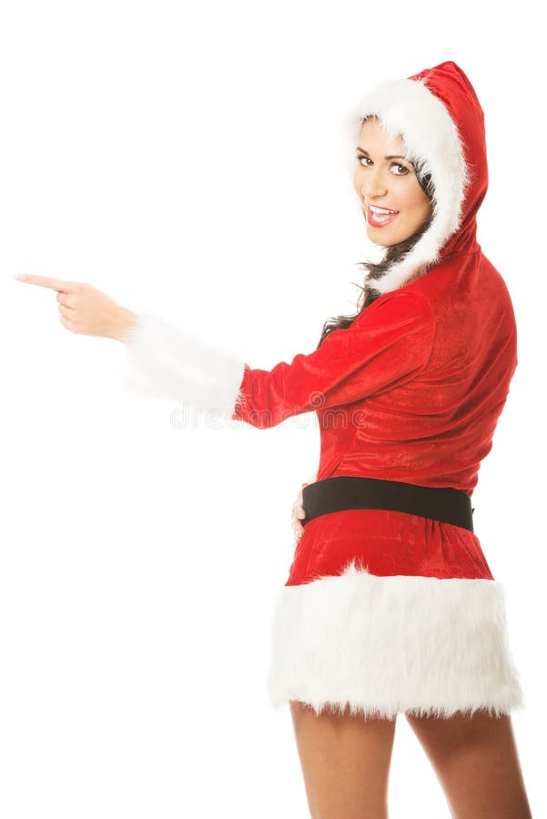 Back View of Santa Woman Pointing To the Left, Looking on a Camera ...