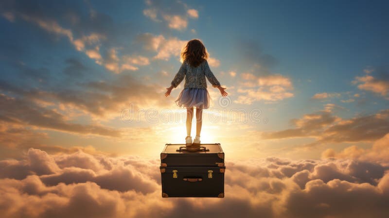 Back View of School Girl with Backpack Flying on Suitcases Surrounded ...