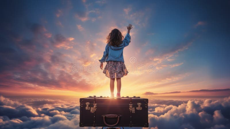 Back View of School Girl with Backpack Flying on Suitcases Surrounded ...