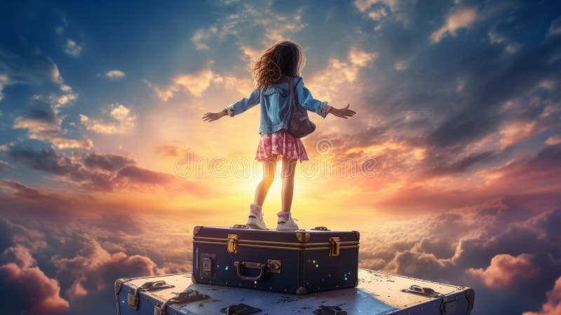 Back View of School Girl with Backpack Flying on Suitcases Surrounded ...