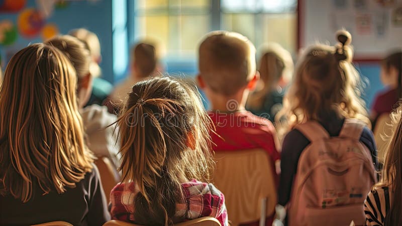 Back View of School Pupils Listening To Teacher in Classroom, Stock ...