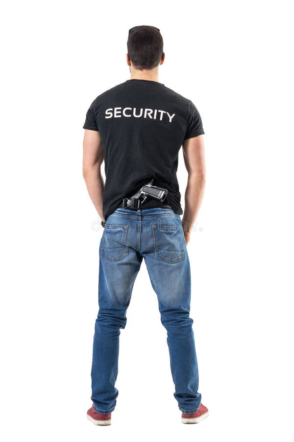 Back View of Security Agent in Plain Clothes with Hand Gun Attached on ...